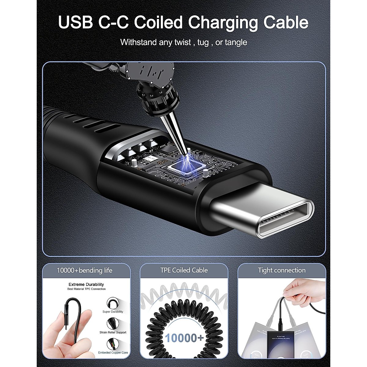 3FT/2Pcs S25 Coiled USB C Cable Fast Charging Cord for Samsung Galaxy Z Fold6 Flip6 S24 FE S23 Ultra S22 S21 S9 S8 A16 A03s A13 A14 A53 A54 A51, C to C Android Auto Wire for Car for iPhone 16Pro Pixel