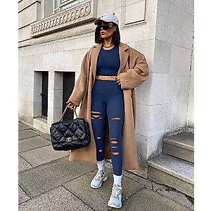 MOREFEEL Leggings for Women Ripped Leggings High Waist Cutout Tummy Control Workout Black Soft Yoga Pants