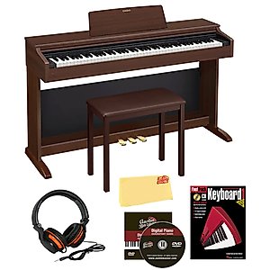 Casio AP-270 Celviano Digital Cabinet Piano - Walnut Bundle with Furniture Bench, Headphones, Online Piano Lessons, Austin Bazaar Instructional DVD, and Polishing Cloth