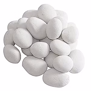 Hmleaf 24 PCS Fireplace Ceramic Pebbles for All Types of Indoor, Gas Inserts, Ventless & Vent Free, Electric, or Outdoor Fireplaces & Fire Pits. Realistic Clean Burning Accessories in White