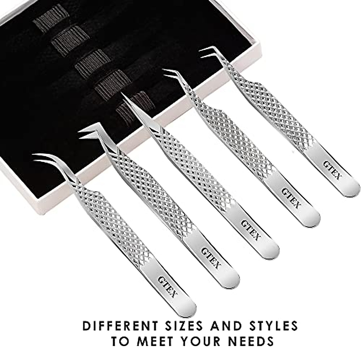 GTEX Lash Tweezers For Eyelash Extensions Tweezers Set of 5, Japanese Stainless Steel, Straight Curved 45 90 Degree Volume Eyelash Tweezers - SILVER