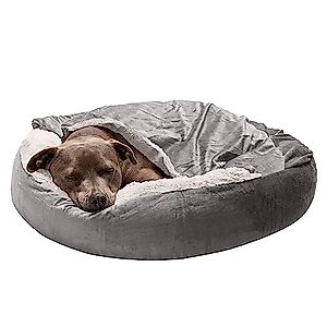 Furhaven 27" Round Calming Donut Dog Bed for Medium/Small Dogs, Washable, For Dogs Up to 45 lbs - Plush Velvet Waves Hooded Donut Bed - Dark Gray, Medium