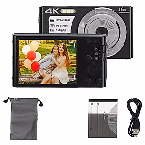Compact Camera, 48MP Image Resolution Built in Fill Light Compatible 256GB Memory Card Rechargeable Lithium Ion Battery 4K Digital Camera for(Black)