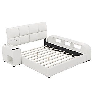 EOVTK Queen Size Upholstered Platform Bed with Built-in Multimedia Nightstand and Storage Shelves, Faux Leather Platform Bed Frame with 2 Cup Holders, Light and Charging Station, White