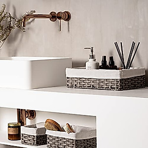 FairyHaus Wicker Baskets for Organizing 3 Pack, Waterproof Small Wicker Storage Basket for Shelves Rectangle, Nesting Lined Grey Wicker Basket