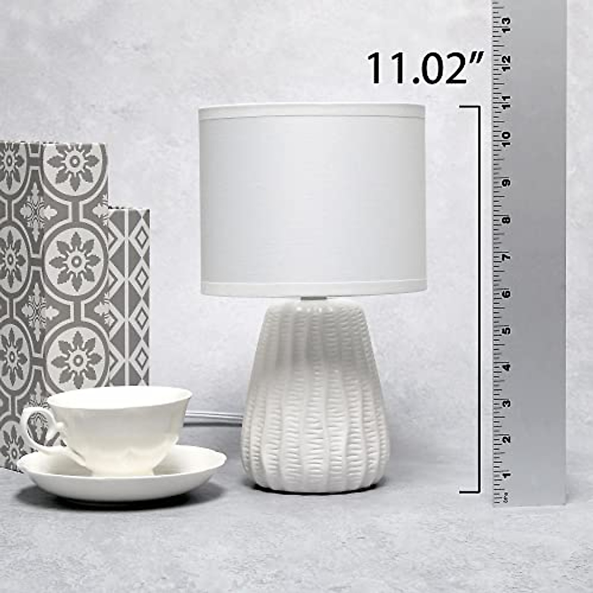 Simple Designs LT1138-OFF 11.02" Traditional Mini Modern Ceramic Texture Pastel Accent Bedside Table Desk Lamp w Matching Fabric Shade for Decor,Bedroom, Nightstand, Living Room, Entryway, Off White