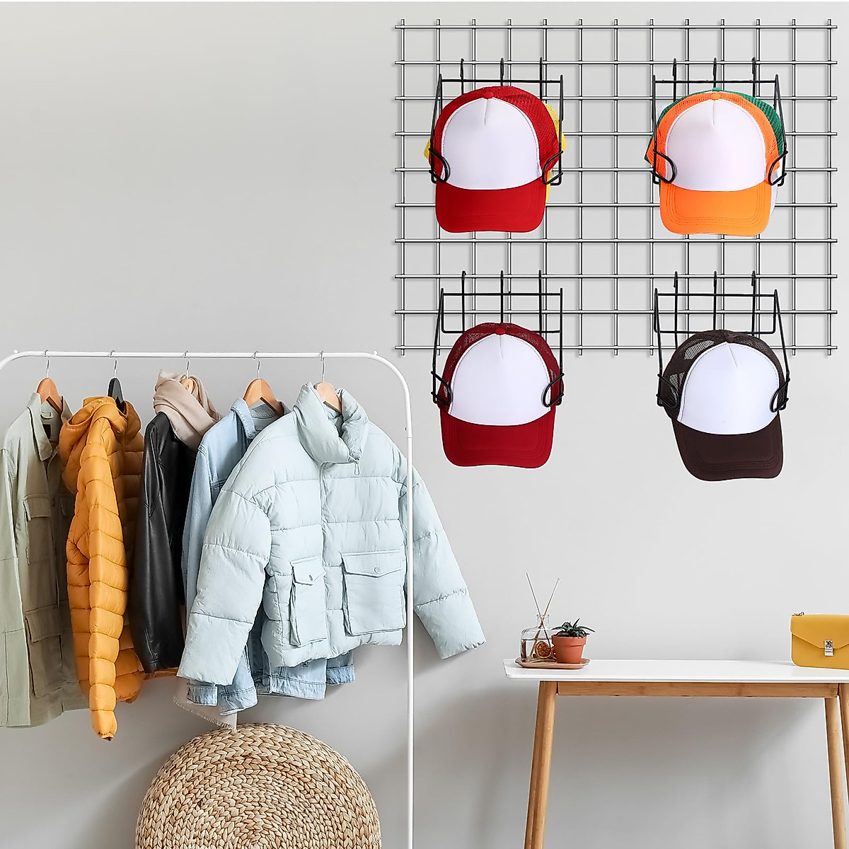 Yaocom 4 Pcs Gridwall Hat Display Rack, Metal Wire Retail Display Shelves Gridwall Organizer Accessories for Grid Panel Displaying Baseball Hats for Home Commercial, Black