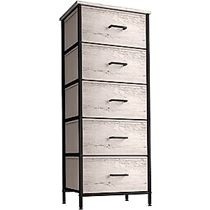 Sorbus Tall Fabric Storage Dresser - Stand Up Tower of 5 Drawers with Steel Frame, Wood Top, & Faux Wood Fabric - Great for Bedroom, Dorm, Closet, Living Room, Entryway - Narrow Nightstand Organizer