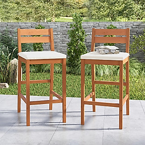 Tangkula Patio Eucalyptus Wood Bar Stools Set of 2, Outdoor Bar Height Patio Chairs with Cushions, Outdoor Barstools for Backyard, Garden, Balcony, 400 lbs Capacity (1, Off White)