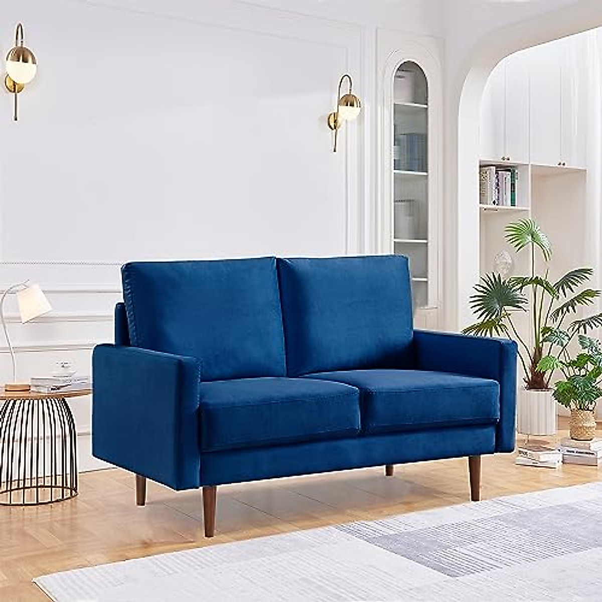 American Furniture Classics Blue 57 Inch Wide Upholstered Two Cushion Loveseat with Square Arms Velvet, 57" x 32" x 37"