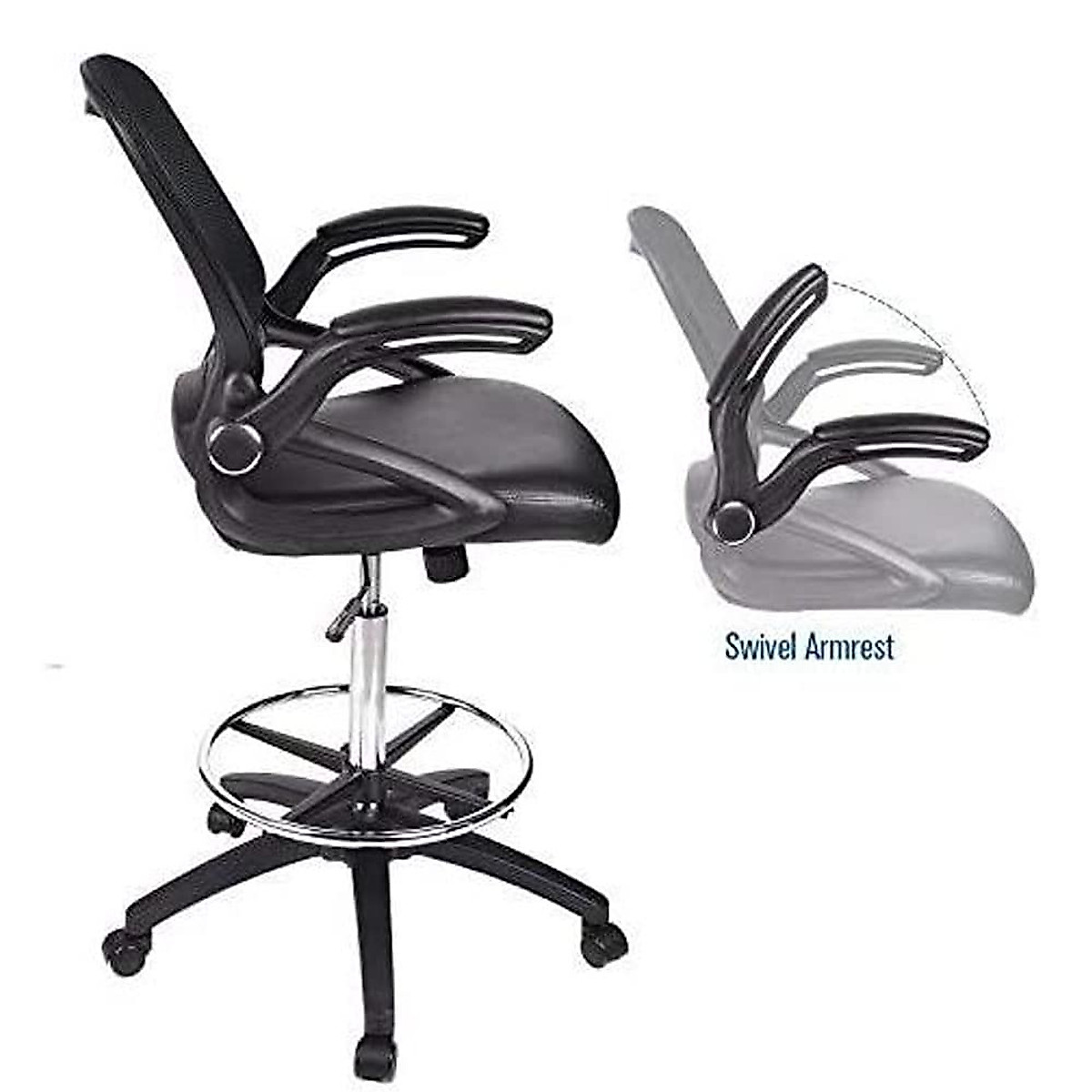 ARTETHYS Drafting Chair with Flip-up Armrests, Tall Office Chair Adjustable Height, Standing Desk Chair rotatable pu Leather seat(Black)