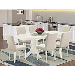 East West Furniture VAAB7-LWH-02 7Pc Dinette Set Includes a 59/76.4 Inch Oval Dining Table with Butterfly Leaf and 6 Parson Chair White Leg and Linen Fabric Light Beige, 7 Pieces