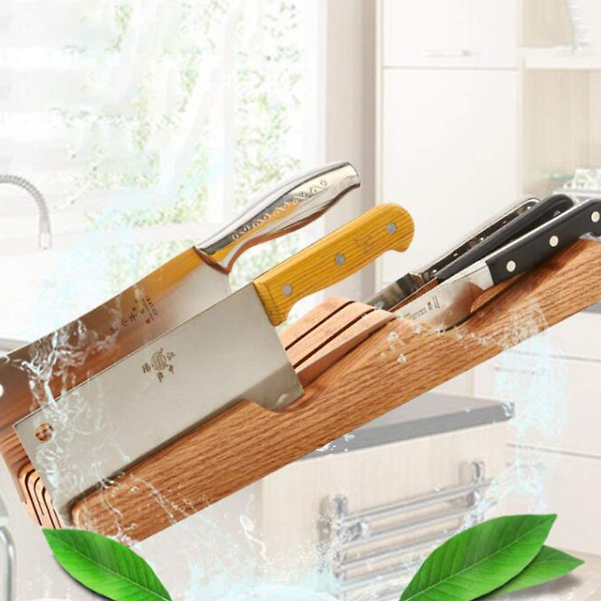 Hemoton Kitchen Knife Block Wood Drawer Knife Organizer Bamboo in Drawer Knife Holder Tray Knives Storage Rack Chopping Knife Stand for Home