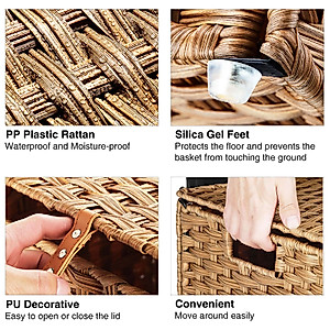 Greenstell Laundry Hamper with lid, No Install Needed, 110L Wicker Laundry Baskets Foldable 2 Removable Liner Bags, 2 Section Clothes Hamper Handwoven Rattan Laundry Basket with Handles, Natural