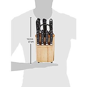 Amazon Basics 18-Piece Premium Kitchen Knife Block Set, High-Carbon Stainless Steel Blades with Pine Wood Knife Block