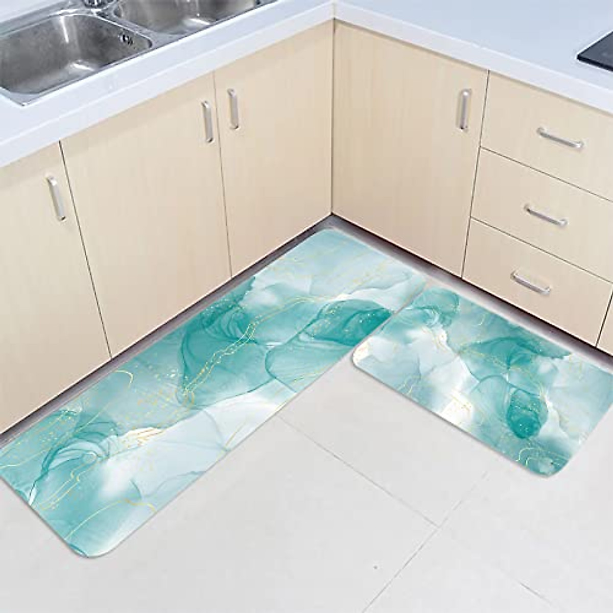 ZOE GARDEN 2 Pcs Kitchen Rug Set, Marble Aqua Non-Slip Kitchen Mats and Rugs Comfort Floor Door Mat Doormat, Long Throw Bath Runner Rug Mat Gradient Gold Aesthetics Abstract Minimalist Art