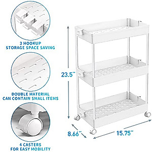 SPACEKEEPER Storage Cart 3 Tier Bathroom Storage Organizers, Rolling Utility Cart with Wheels Slide Out Storage Shelves Mobile Shelving Unit Organizer for Office, Bedroom, Laundry Room, White, 2 Pack