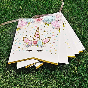 Guolz Unicorn Happy Birthday Bunting Banner Unicorn Themed Party Supplies Decorations for Girls Party Favors