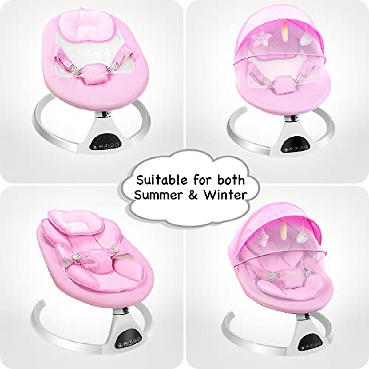 HARPPA Electric Baby Swing for Infants to Toddler, Portable Babies Swinger for Newborn Boy and Girls with 5 Swing Speed, Remote Control Music Speaker with 12 Preset Lullabies Enabled Bluetooth Pink