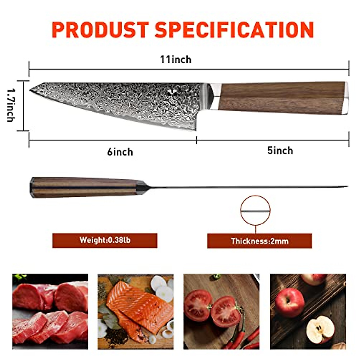 FUJUNI Chef Knife 6 inch, Professional Chef Knife VG 10 Damascus Super Steel 67-Layer Razor Sharp Kiritsuke Knife with Natural Wood Handle
