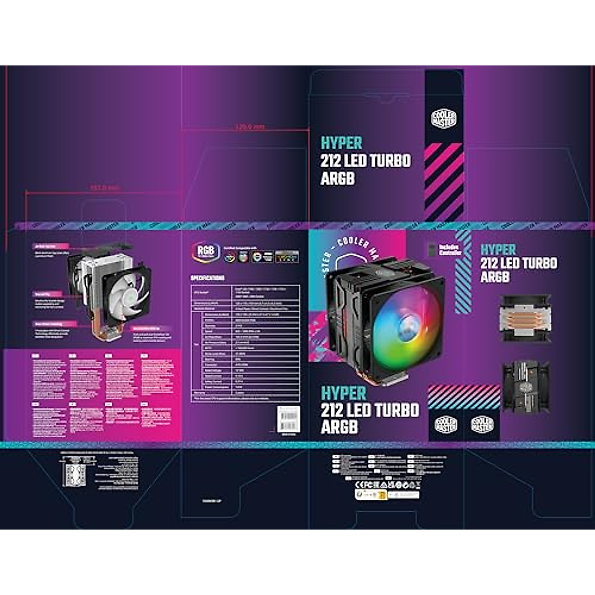 Cooler Master Hyper 212 LED Turbo ARGB CPU Air Cooler - Jet Black Aluminium Finish, 4 Continuous Direct Contact Heat Pipes with Fins, Dual SickleFlow 120 ARGB Fans, ARGB LED Controller - ARGB