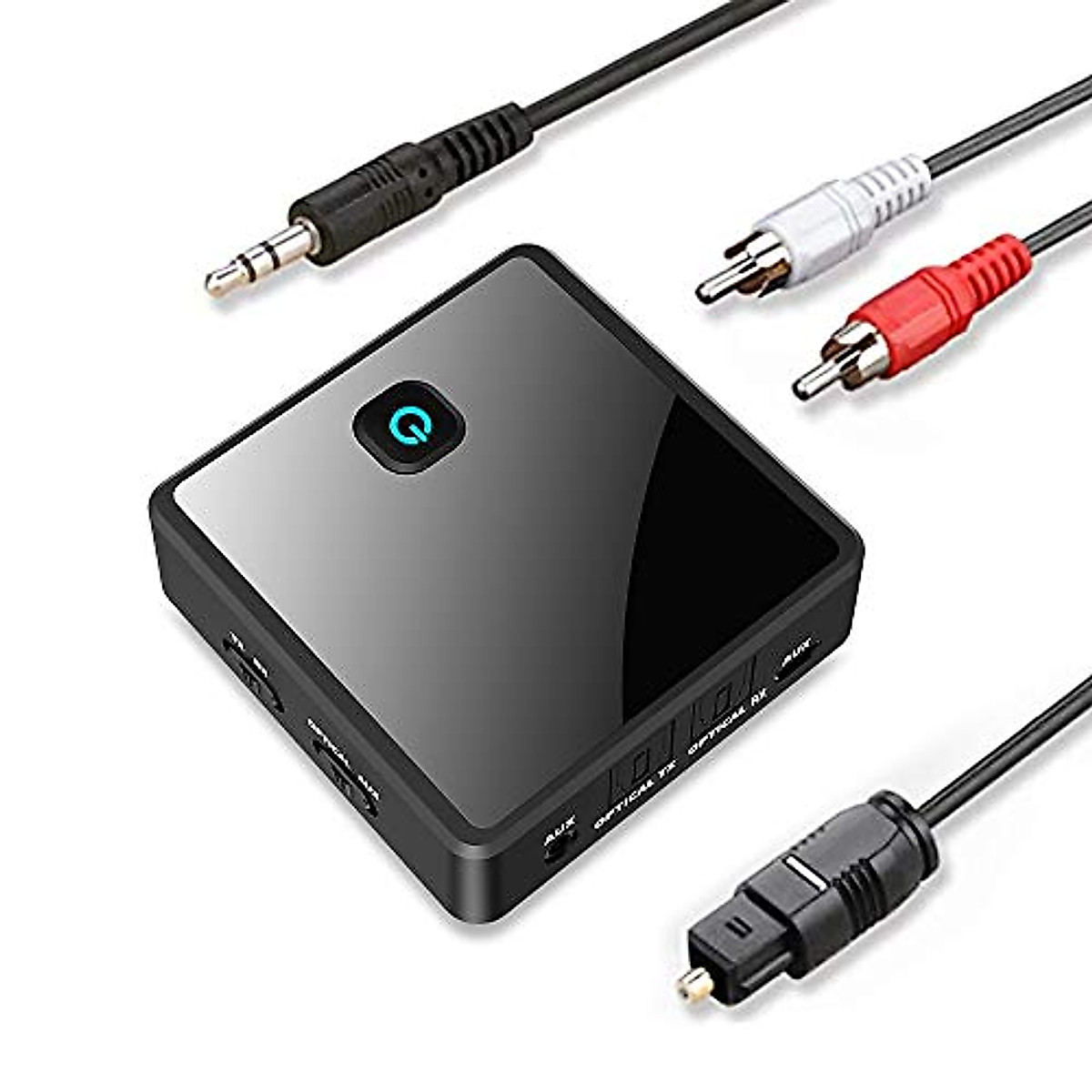 Isobel Bluetooth 5.0 Transmitter Receiver (Optical, 3.5mm AUX, RCA), Low Latency Wireless Audio Adapter Rechargeable Bluetooth AUX Adapter for TV PC Car/Home Stereo System Speakers, Dual Link
