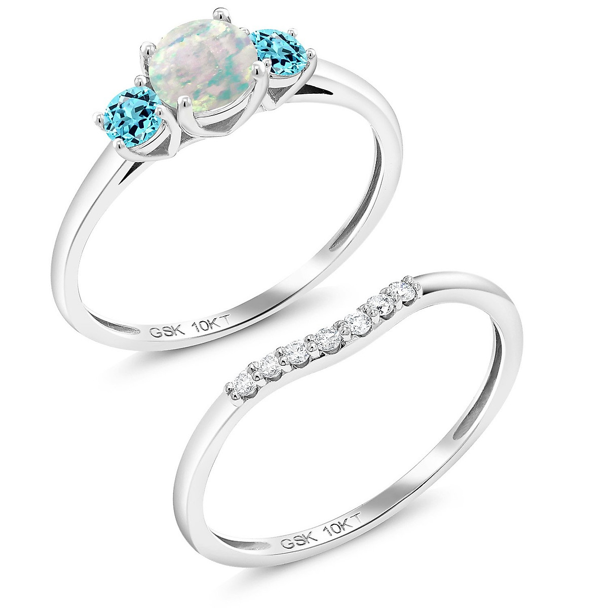 10K White Gold Simulated White Opal and Swiss Blue Topaz and White Lab Grown Diamond 3-Stone Bridal Engagement Wedding Ring Set For Women (0.87 Cttw, October Birthstone, Round Cabochon 5MM, Size 7)