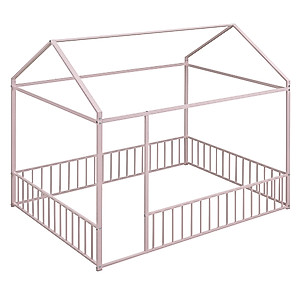 Harper & Bright Designs Full House Bed with Rails, Metal Full Floor Bed for Kids, Full Size Montessori Bed Frame with Roof, Kids Full Playhouse Beds for Boys Girls(Pink)
