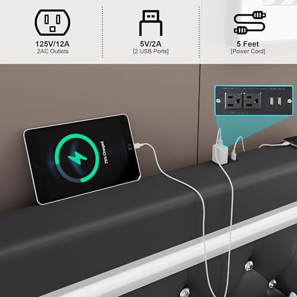 Forrise King Size LED Platform Bed Frame with Adjustable Headboard, Modern Bed Frame with Charging Station, Wooden Slats Support, Easy Assembly, No Box Spring Needed, Black