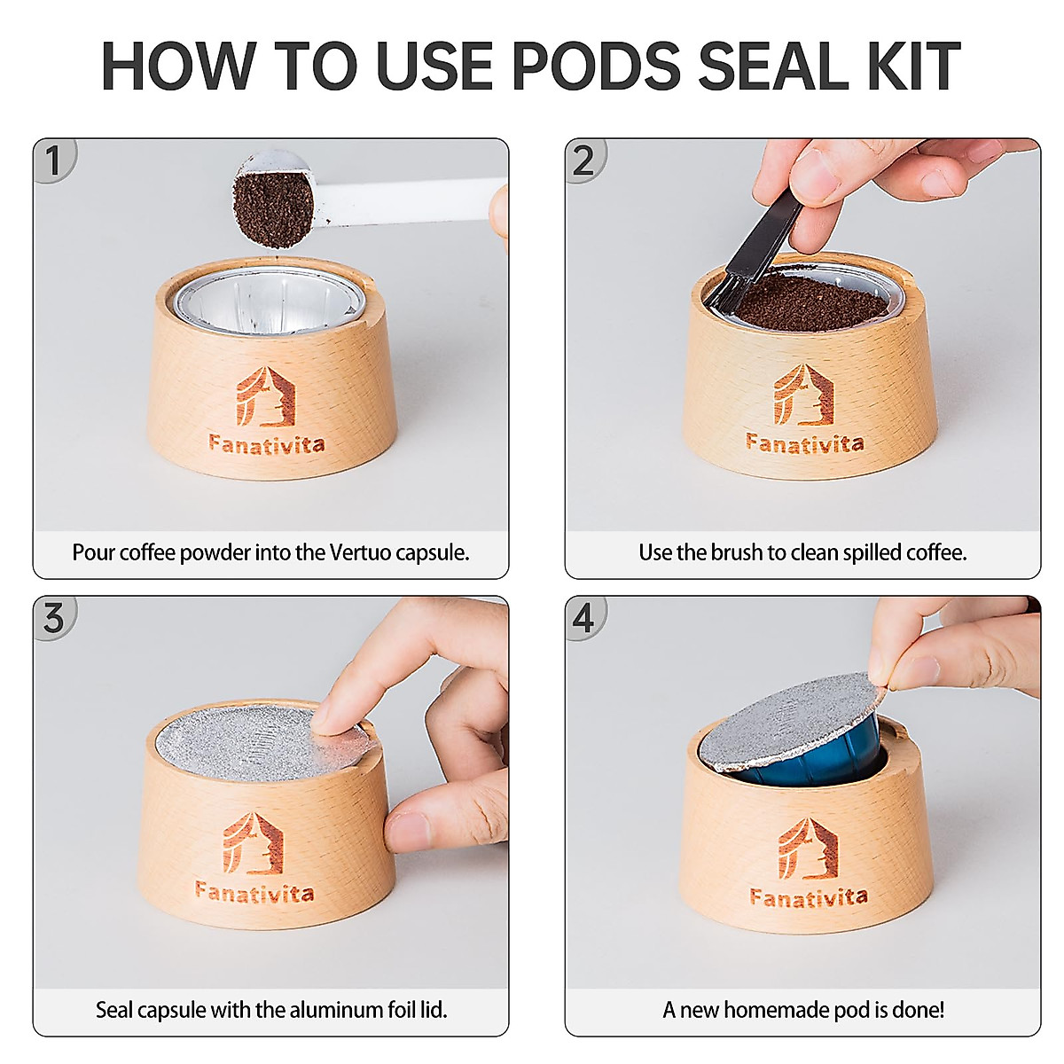 Fanativita Aluminum Foil Seal Kit for Reusable Nespresso Vertuo Pods - Includes Reusable Capsule Holder, Brush, Scoop and 50Pcs Seal Lids