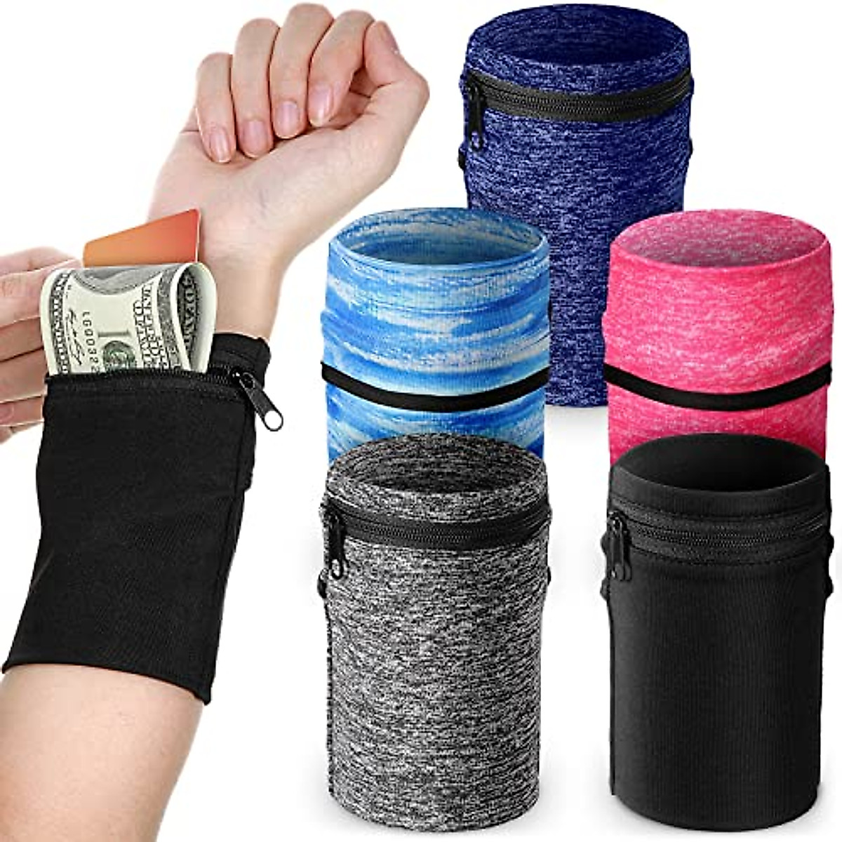 5 Pieces Wrist Wallet Running Wallet Wristband Wrist Wallets for Women Men Wrist Pouch Zipper Wrist Wallet for Running Walking Hiking Jogging Travel