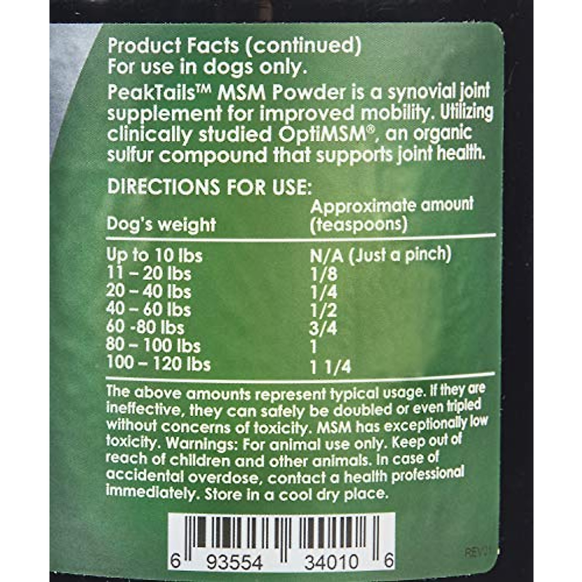 PeakTails MSM Powder for Dogs, 1 lb, Hip and Joint Support Supplement, 99.9% Pure Distilled MSM, Made in The USA