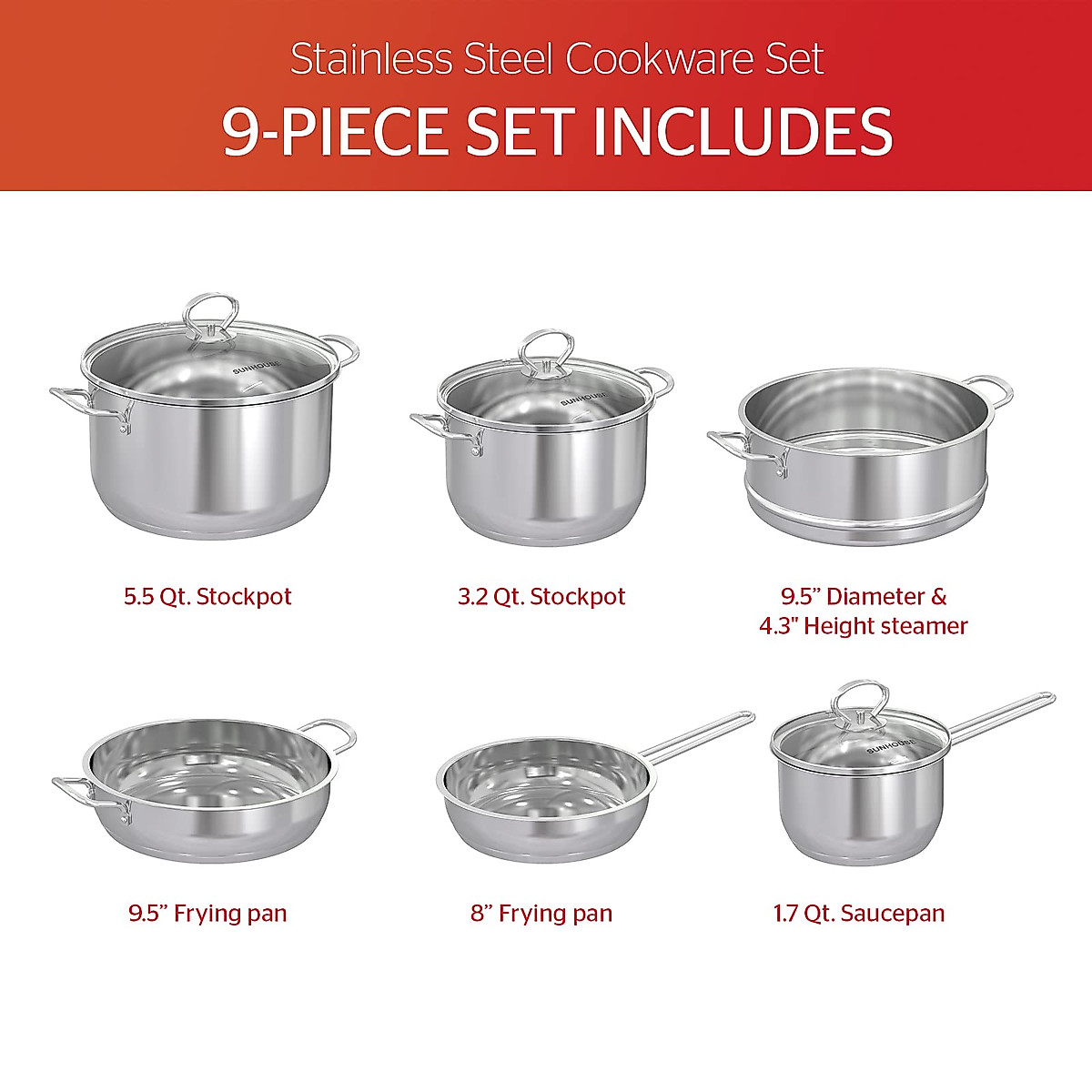 SUNHOUSE - Stainless Steel Cookware Set with PFOA-free, 18/10 Stainless Steel Pots and Pans Set - Tasty Cookware Set Including Saucepan, 2 Stock Pots, Steamer and 2 Frying Pans (9-Pieces Cookware Set)