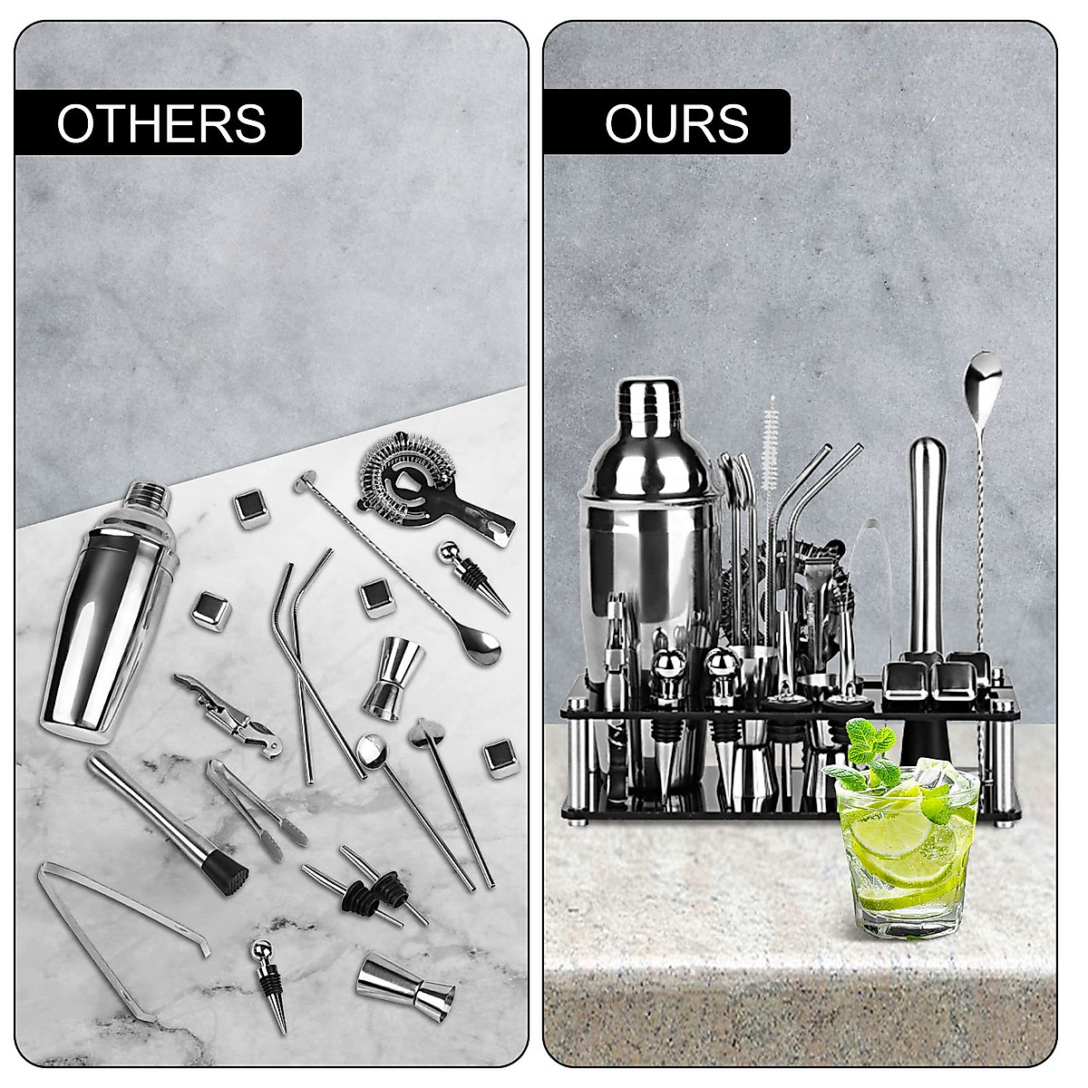 Farafox Cocktail Shaker Set Bartender Kit,23 PCS Bar Tool Set with Acrylic Stand, Professional Bar Tools for Drink Mixing, Home, Bar, Party (Include 4 Whiskey Stones)