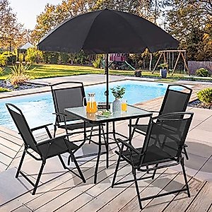 Vongrasig 6 Pieces Folding Patio Dining Set, All Weather Small Metal Outdoor Table and Chair Set, Garden Patio Furniture Set w/Umbrella, Glass Table & 4 Folding Chairs for Lawn, Deck, Backyard, Black