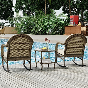 BALDPER 6 Pieces Patio Conversation Set, Lounge Rocking Chair with Cushion & Coffee Table, Wicker Bistro Set, Outdoor Furniture Set for Porch, Deck, Backyard, or Poolside, Beige