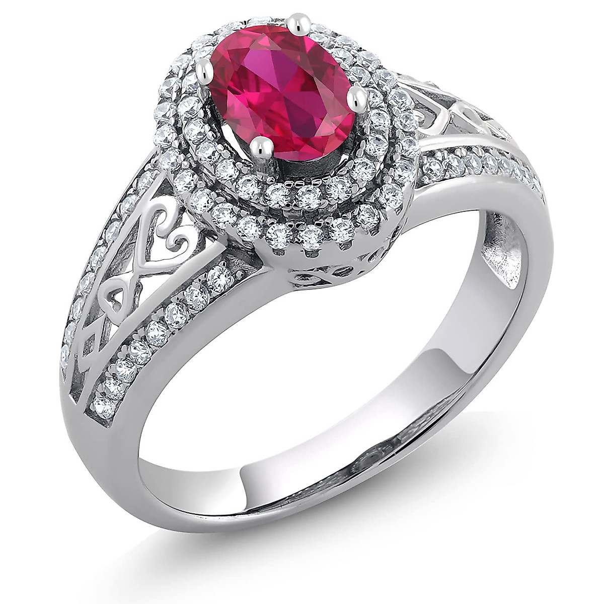 Gem Stone King 925 Sterling Silver Red Created Ruby Ring For Women | 1.36 Cttw | Oval 6X4MM | Available In Size 5,6,7,8,9