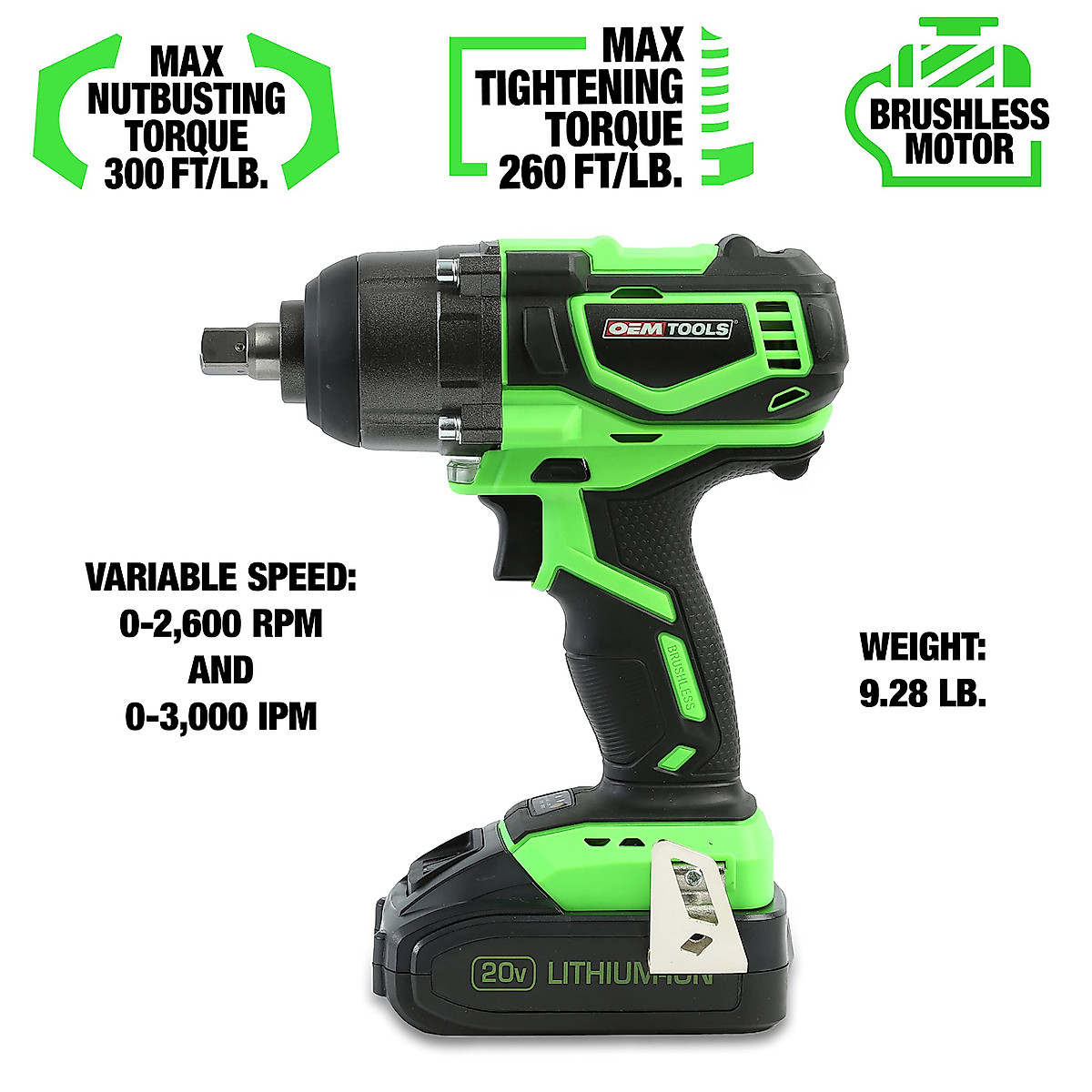 OEMTOOLS 24486 1/2" Impact Wrench, 20V Brushless Cordless Impact, Cordless Impact Wrench 300 Ft/Lb Torque, Variable Speed, 1/2 Impact for Lug Nuts and High-Torque Applications