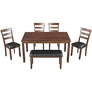P PURLOVE 6 Piece Dining Table Set, Wood Rectangular Kitchen Table and 4 Dining Chairs and 1 Bench, PU Cushion, Family Furniture for 6 Persons, Walnut