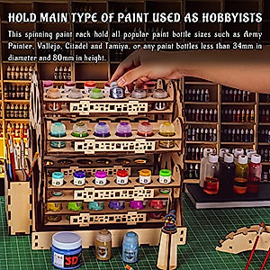Rotating Carousel Paint Storage Rack Holds 48 Citadel/Vallejo/Army Painter Botlles Wooden Hobby & Craft Painting Station Organizer Caddy for D&D, Warhammer, Tabletop RPG Miniature, Model and Terrain