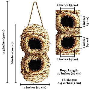 Meric Bird Nest Hut with 2 Pockets, Hand-Woven Grass Hanging House, Secure Hideaway and Shelter for Finch, Canaries, Chickadee, House Wren, Hummingbird, Sparrow, 1 Piece