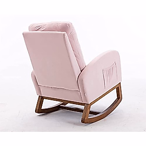 Nursery Rocking Chair,Upholstered Fabric Accent Armchair,Wooden Padded Seat with 2-Side Pocket,Nursing Chair with Rubber Wood Legs,Glider Chair for Nursery,Living Room,Home Office (Pink)