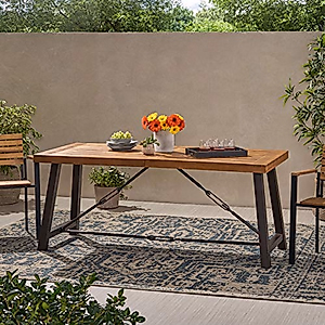 Christopher Knight Home Obharnait Industrial Dining Table, Teak Finish, Rustic Metal