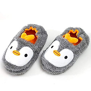 DADAWEN Toddler Boys Girls Soft Plush Slippers Cartoon Cute Animal Warm House Shoes Grey/Penguin US Size 11-12 Little Kid