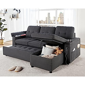VanAcc Sleeper Sofa, Modern Tufted Convertible Sofa Bed, USB Charging Ports & Cup Holders, L Shaped Sofa Couch with Storage Chaise, Chenille Couches for Living Room (Dark Grey)