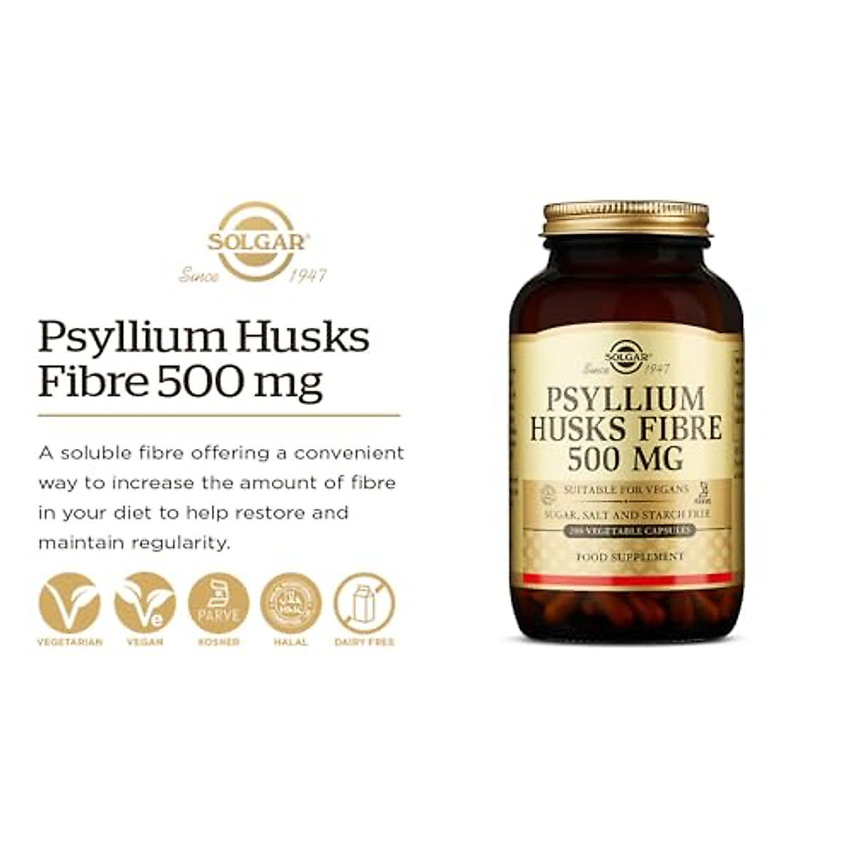 Solgar - Psyllium Husks Fiber 500 mg, 200 Vegetable Capsules