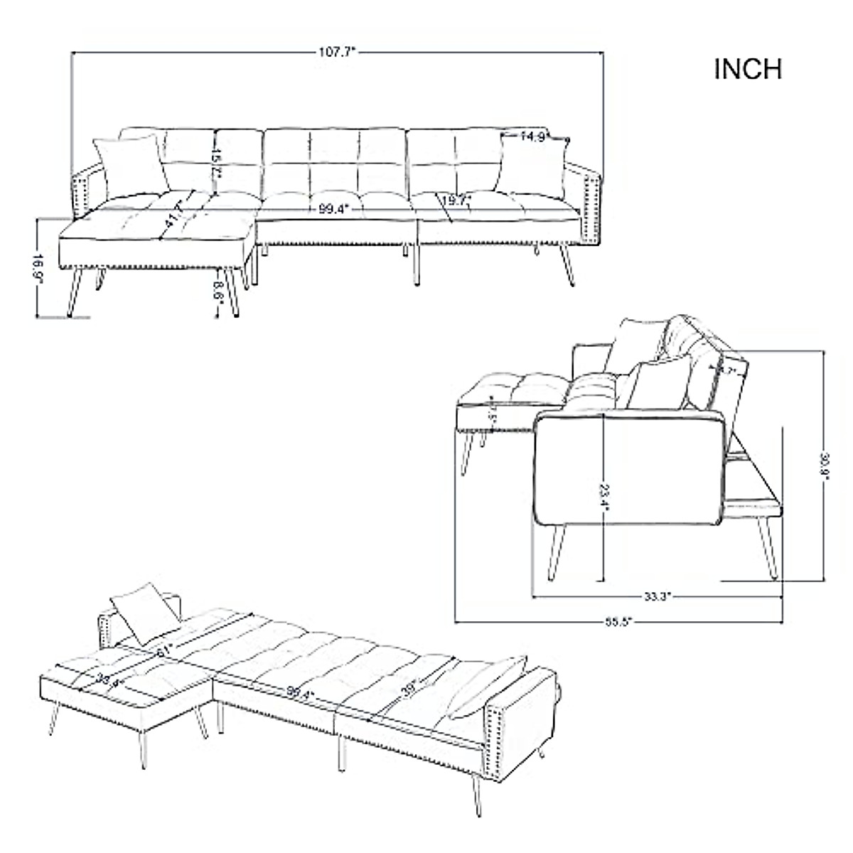 FREESNOOZE 107'' Convertible L-Shaped Velvet Sleeper Sofa Bed Living Room Sectional Sofa with Removable Ottoman and Tapered Metal Legs, Black