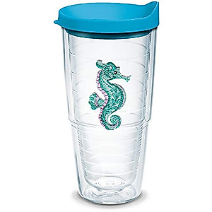 Tervis Purple Teal Seahorse Made in USA Double Walled Insulated Tumbler Travel Cup Keeps Drinks Cold & Hot, 24oz - Turquoise Lid, Clear
