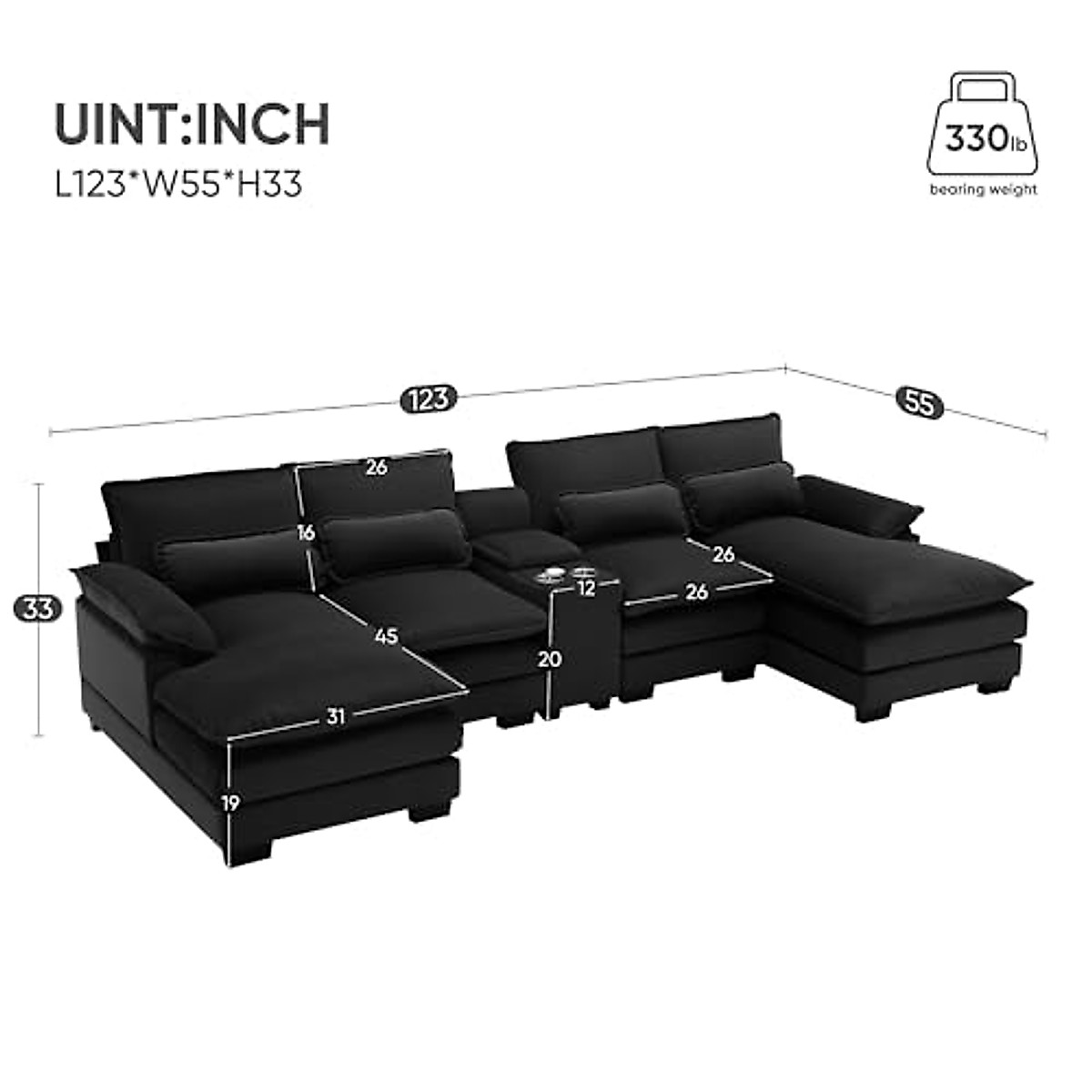Acosure 123" L Modern U-Shaped Sofa with Double Cushions & 4 Waist Pillows,6-seat Upholstered Symmetrical Sleeper Couch Set W/Chaise & Console,Cupholders & USB Ports,for Living Room,Apartment,Black