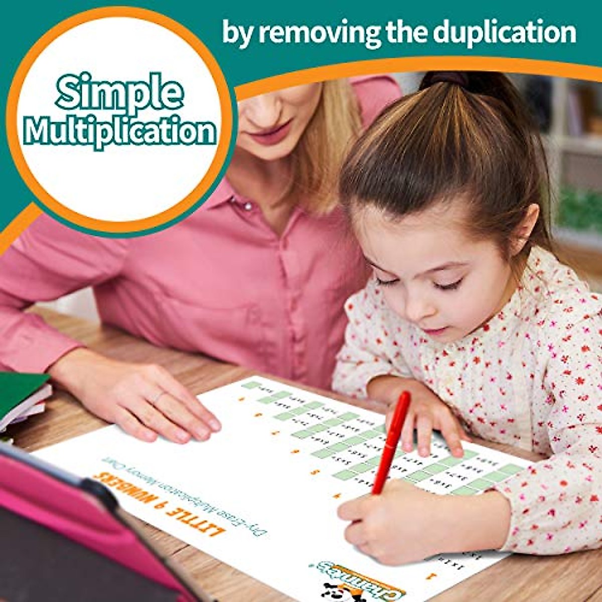 Channie’s Math Practice Combo Pack for Elementary School Students, One Page a Day Workbook and Little 9 Little Numbers Reusable Dry Erase Poster for Practicing Single Digit Multiplication Problems